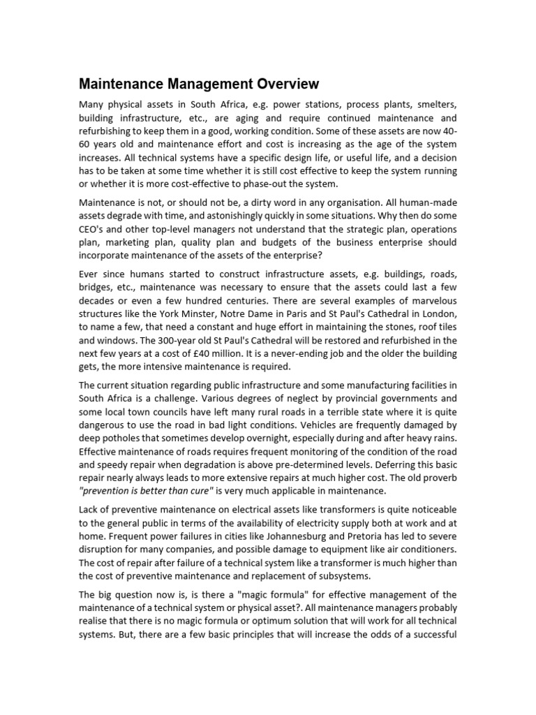 Maintenance Management Overview | PDF | Technology & Engineering