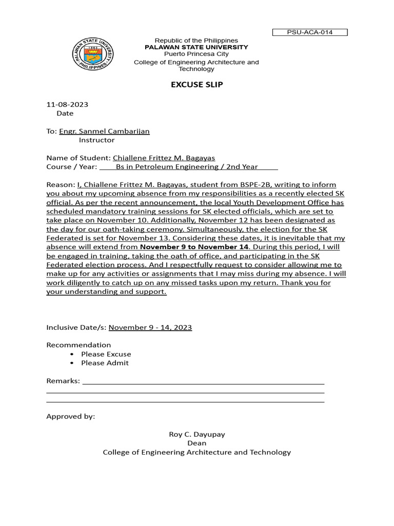 Excuse Slip | PDF | Meetings | Government Institutions