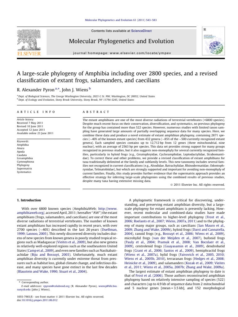 Pyron & Wiens.2011. Amphybia Phylogeny | PDF | Phylogenetics | Amphibian
