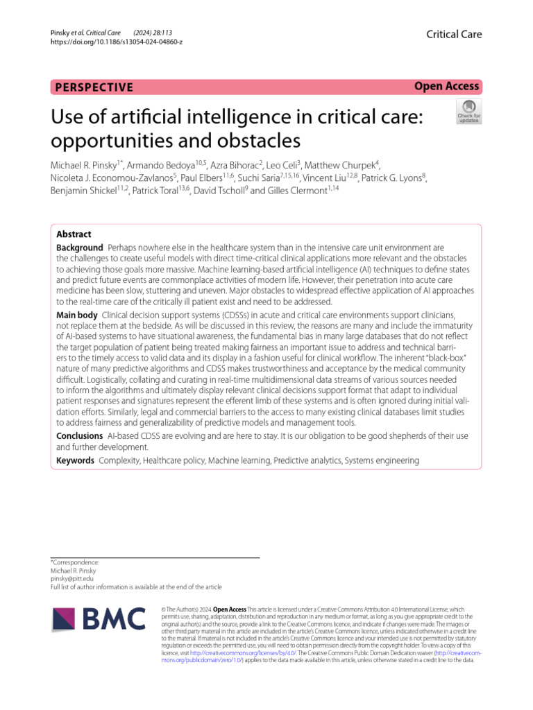 Use of Artificial Intelligence in Critical Care: Opportunities and Obstacles | PDF | Artificial ...