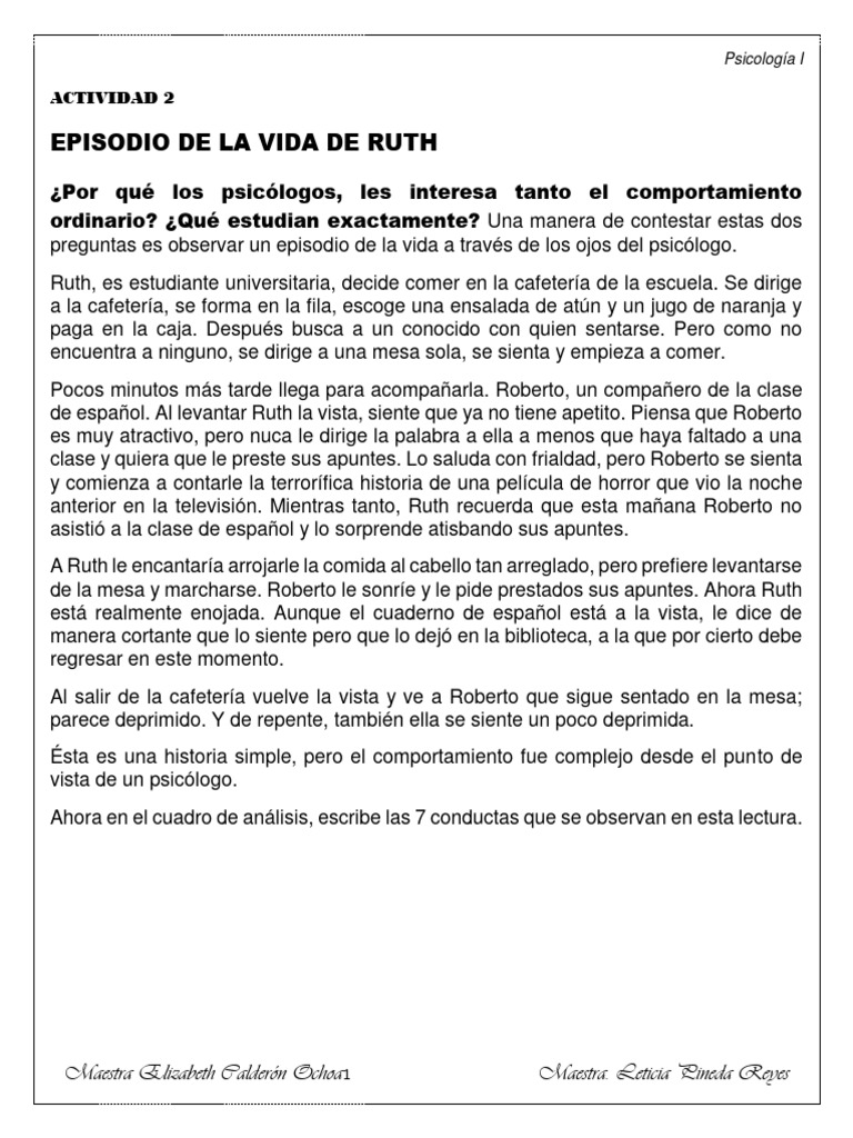 Act 2-3 Episodio de La Vida de Ruth (Lectura-Analisis) | PDF | Comportamiento | Las emociones