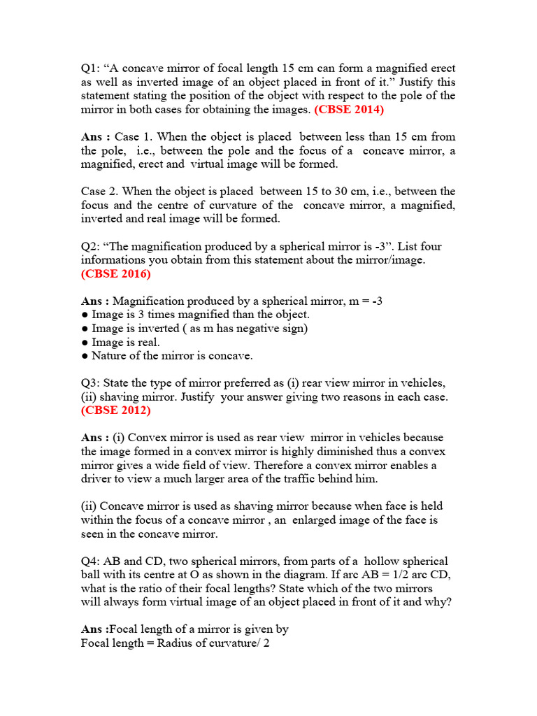 Class 10 - CH 9 - Light - Reflection and Refraction - PYQ | PDF ...
