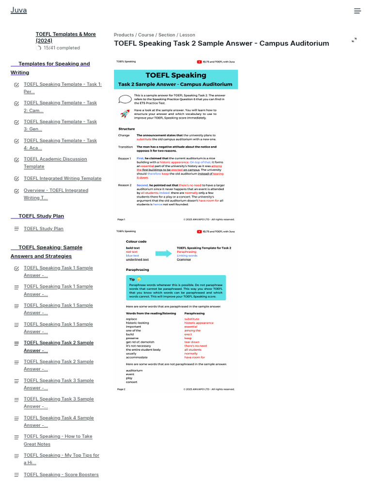 TOEFL Speaking Task 2 Sample Answer - Campus Auditorium | PDF