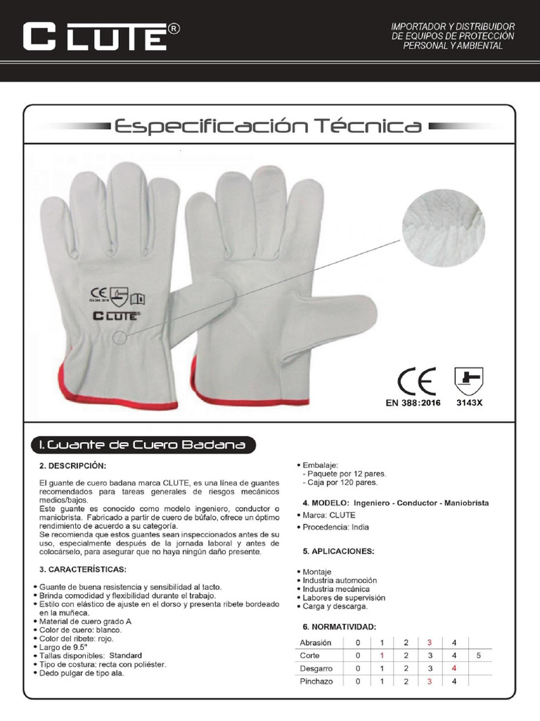 Ficha Técnica - Guante Badana Blanco Clute | PDF