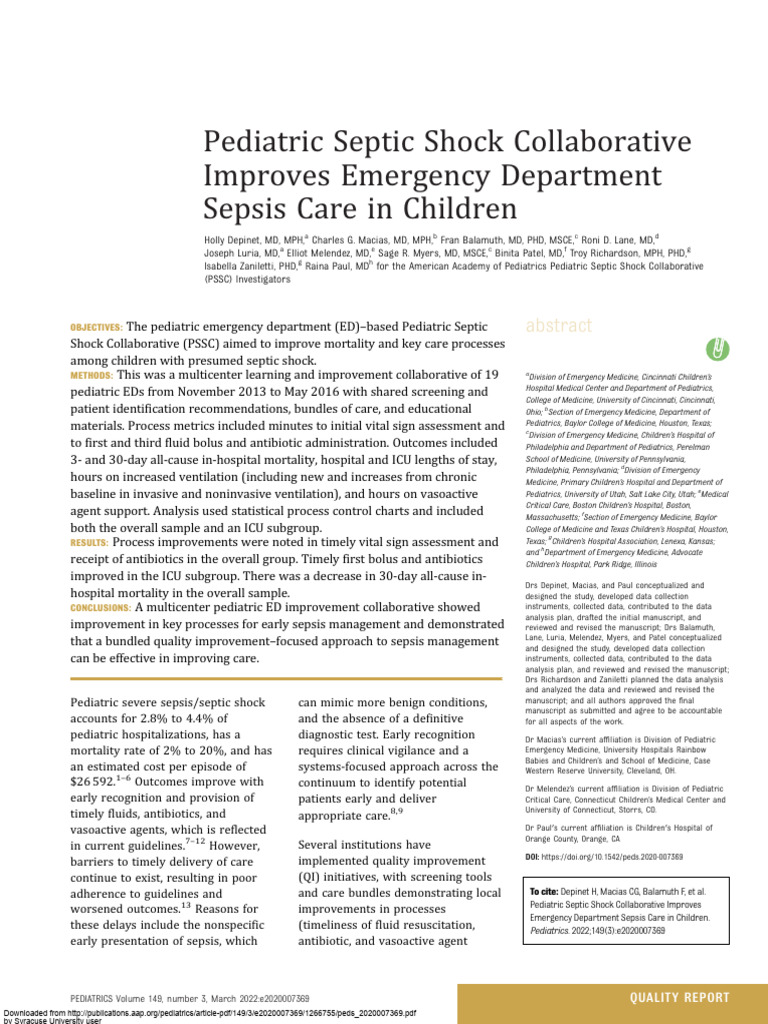 Peds 2020007369 | PDF | Sepsis | Electronic Health Record