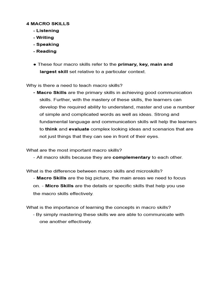 4 Macro Skills - Listening - Writing - Speaking - Reading | PDF ...