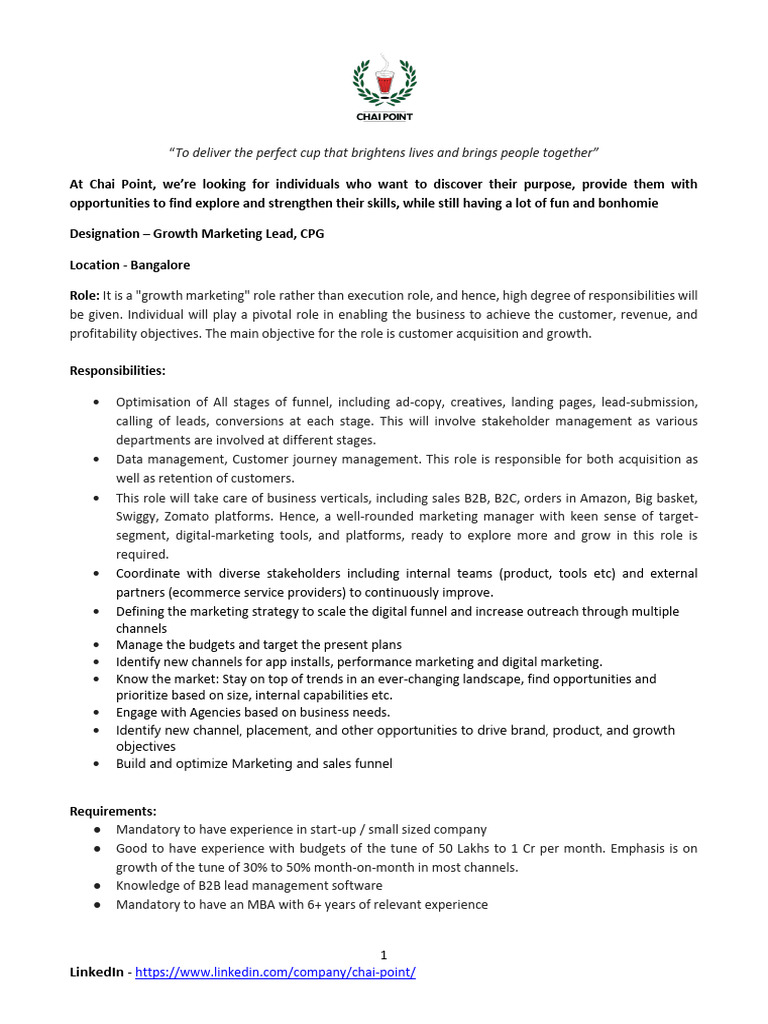 Job Description - Growth Marketing Lead | PDF | Marketing | Digital ...