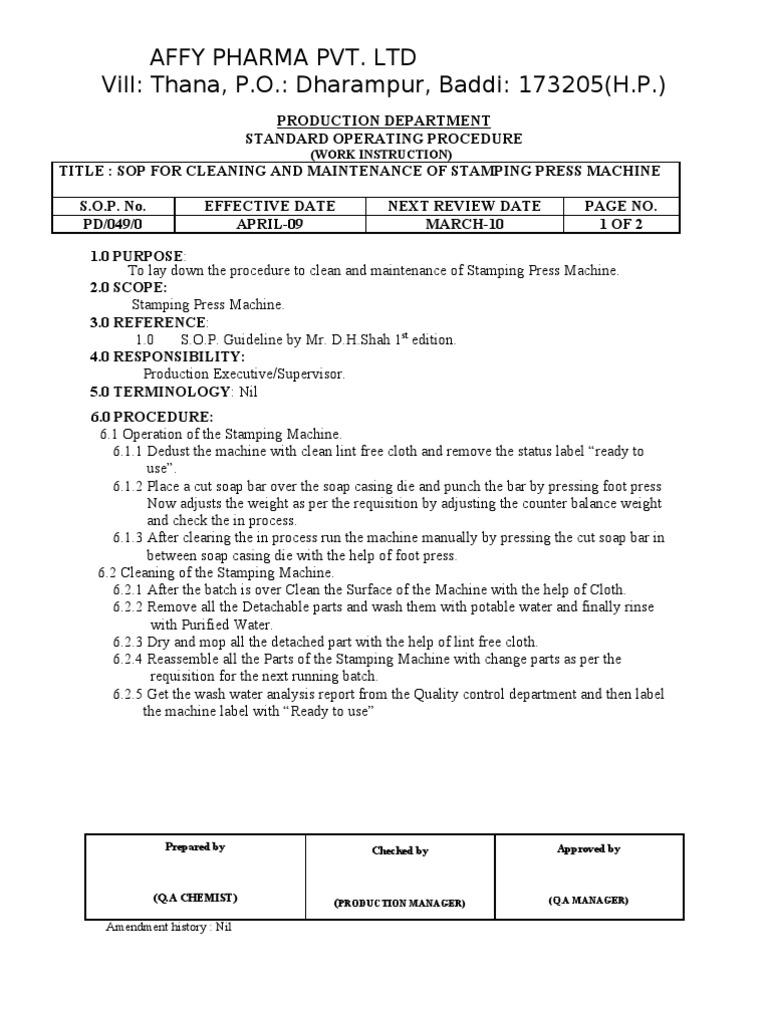 SOP for Stamping Press Maintenance | PDF