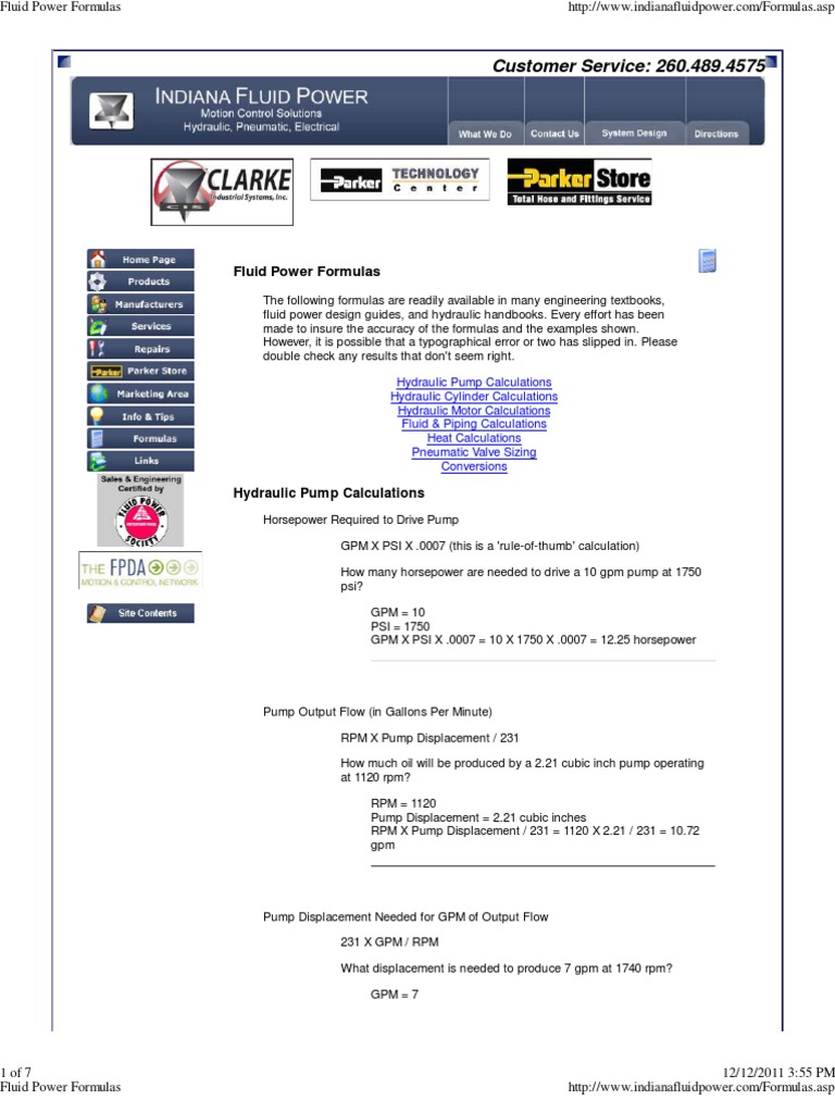 Fluid Power Formulas | PDF | Gallon | Pressure