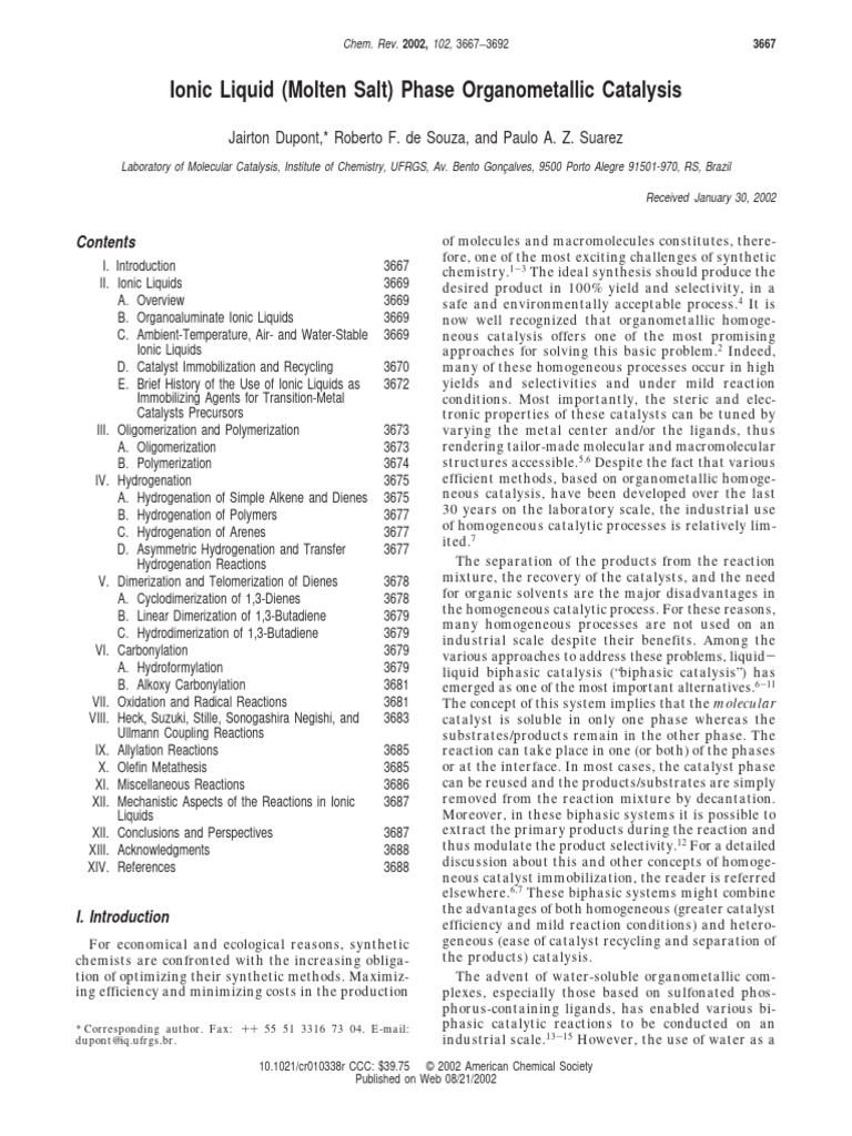 Ionic Liquid (Molten Salt) Phase Organometallic Catalysis | PDF | Catalysis | Organometallic ...