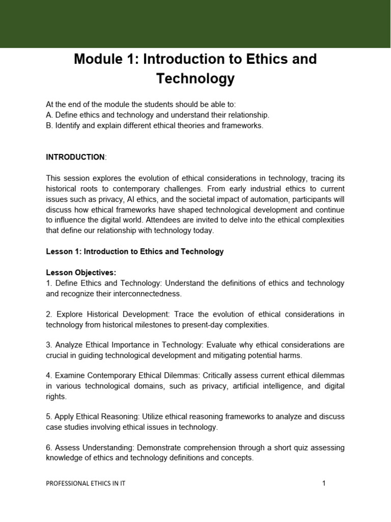 Professional Ethics in IT - Module 1 | PDF | Utilitarianism | Artificial Intelligence