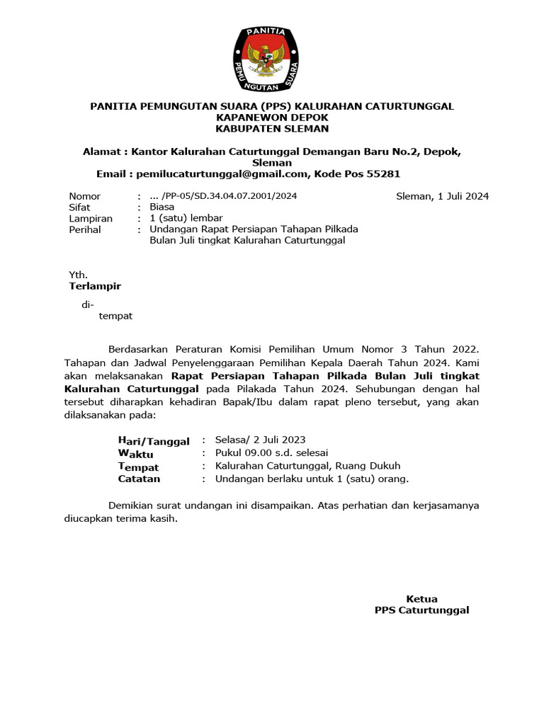 Undangan Rapat Persiapan Tahapan PILKADA Bulan Juli 2024 | PDF