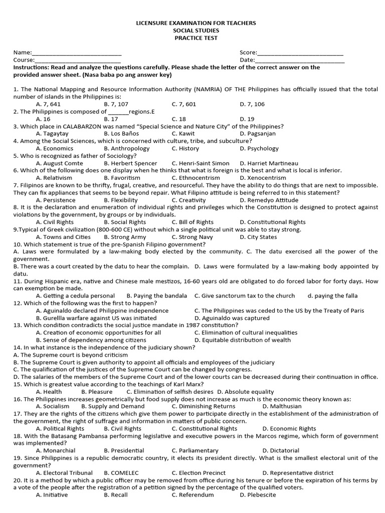 Social Studies Practice Test for Teachers | PDF | Philippines ...