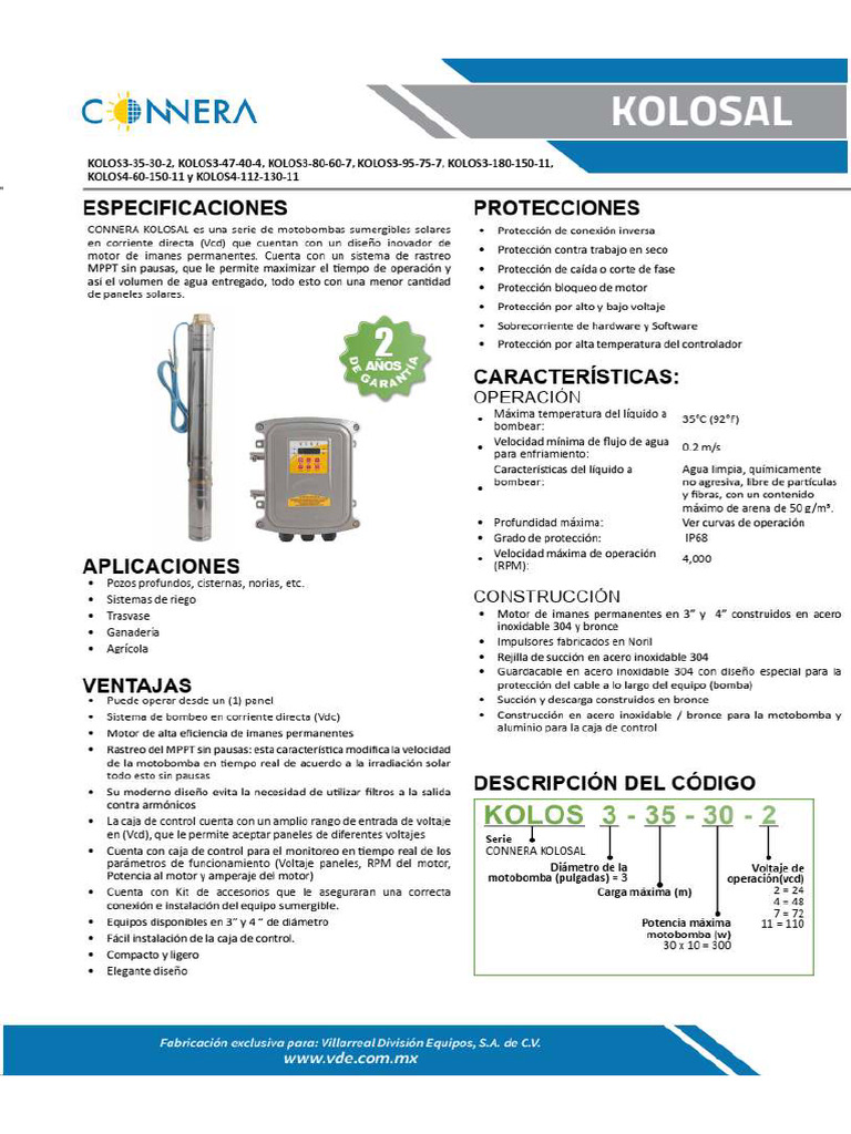 Ficha Técnica Bombas Solares Sumergibles Connera Serie Kolosal | PDF