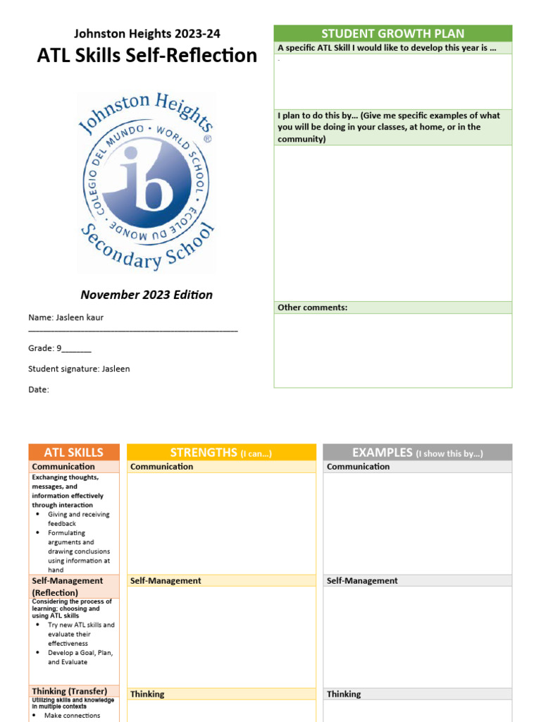 ATL Skills Self-Reflection Guide 2023-24 | PDF | Communication | Learning