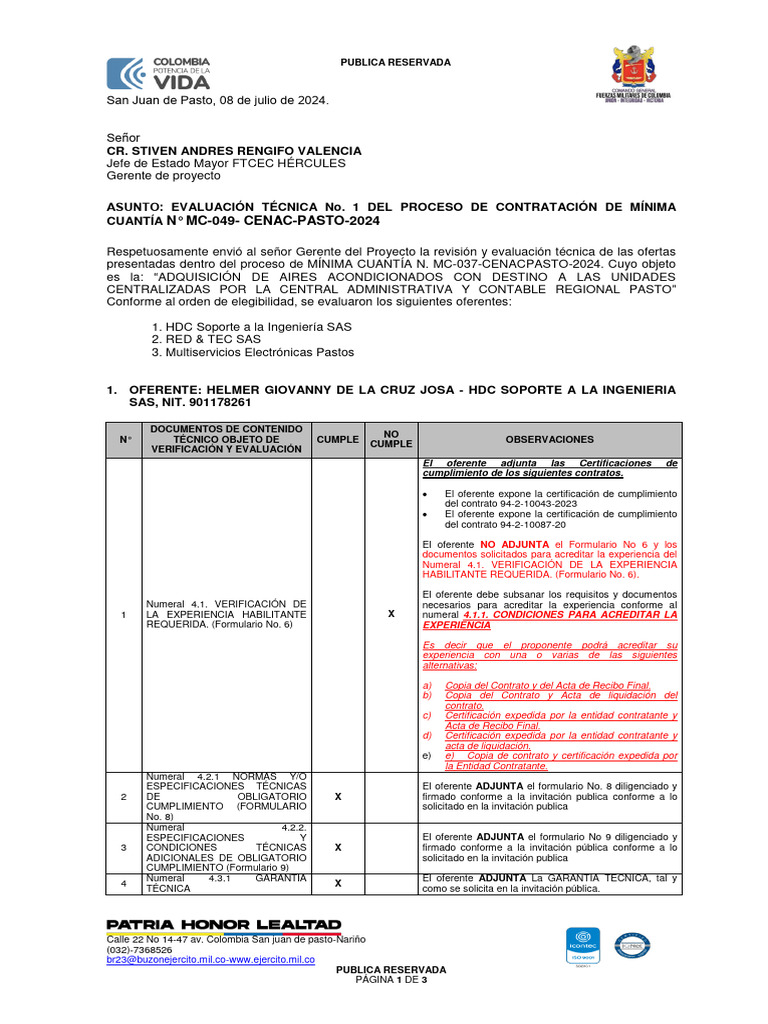 EVAL. TECNICA No.1 PROC. MC-047 Aires Acondicionados - 2024 | PDF