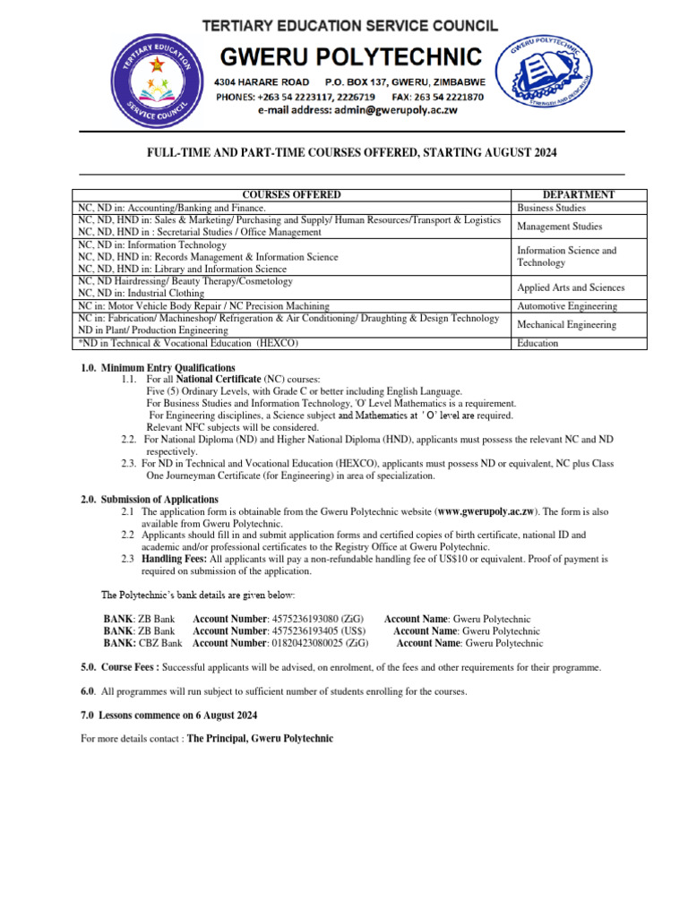 Gweru Polytechnic August 2024 Intake Details | PDF | Diploma | Engineering