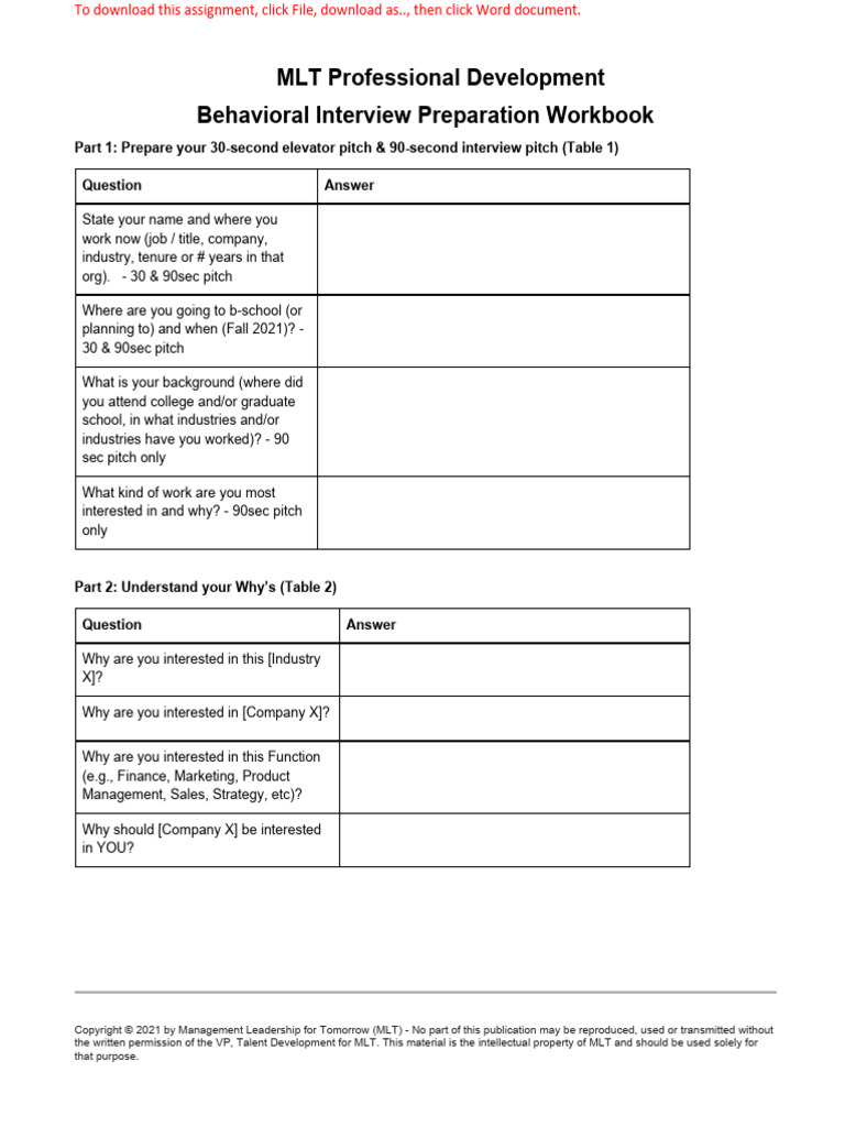 MLT PD - Behavioral Interview Preparation Workbook - Final - 2021 | PDF | Business