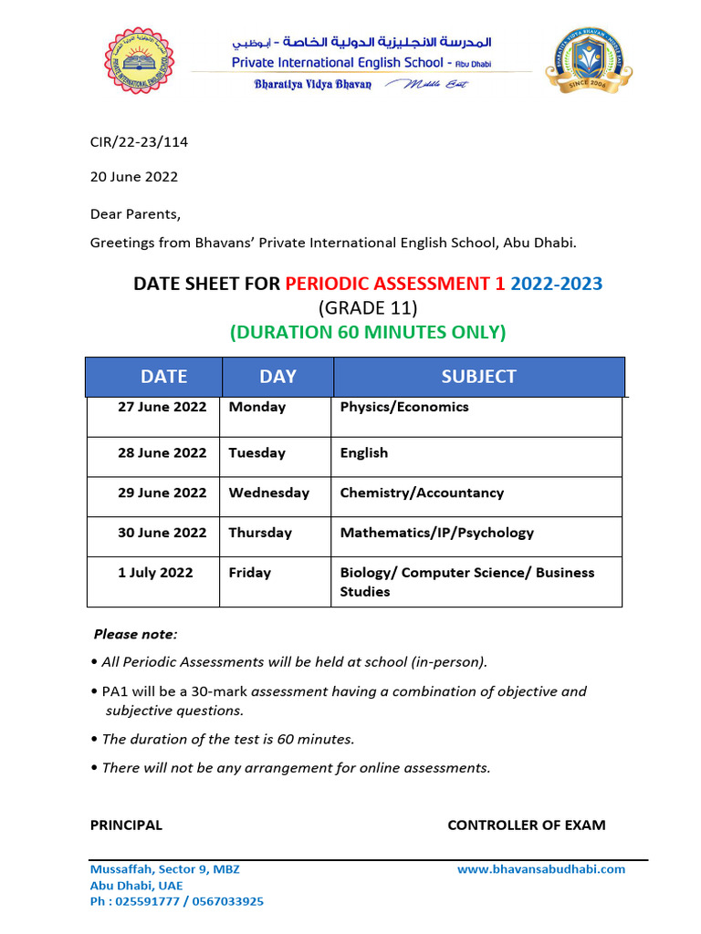 Grade 11 Periodic Assessment Schedule | PDF