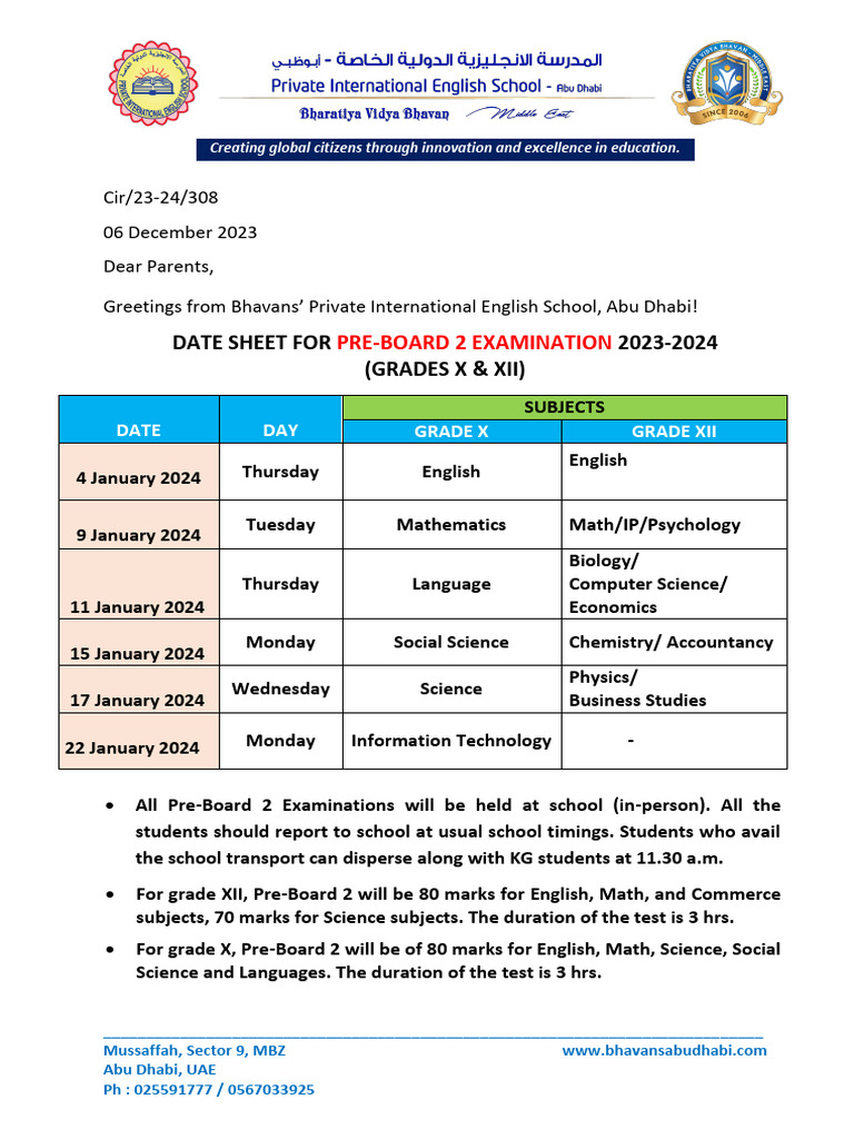 Date Sheet For Pre-Board 2 Examination | PDF | Science