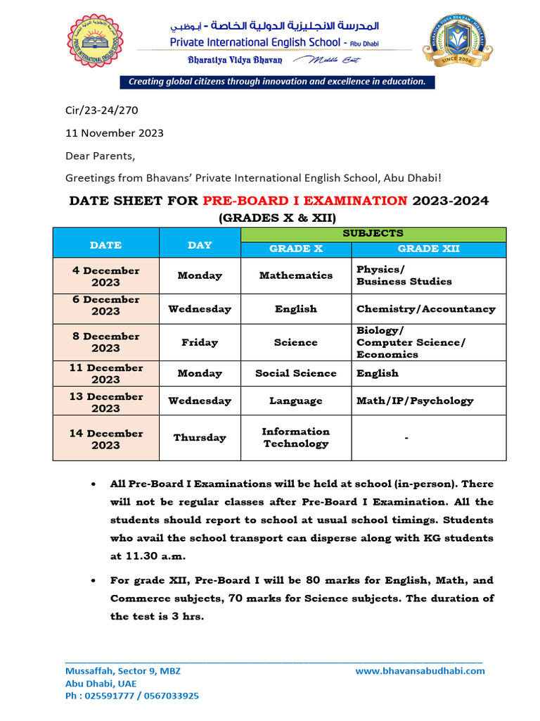 Pre-Board Exam Schedule for Grades X & XII | PDF | Science