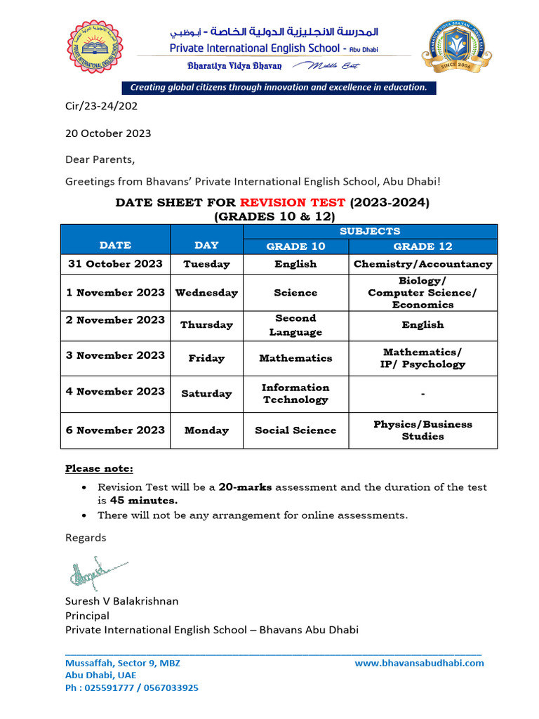 Date Sheet For Revision Test - Grade 10 and 12 | PDF