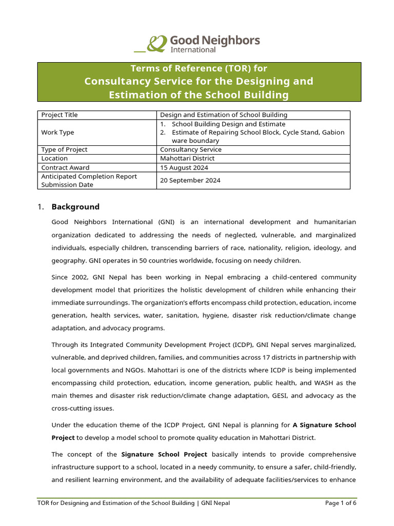 202407301234designing and Estimation of The School Building - TOR | PDF | Wash