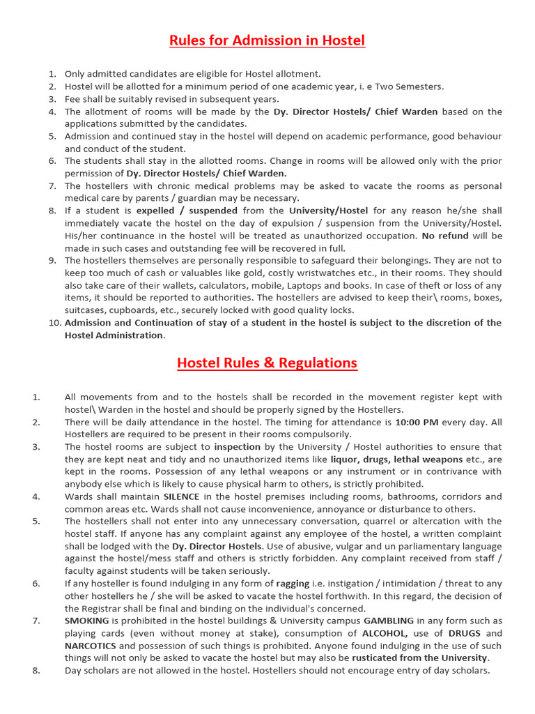 Hostel Rules and Regulations 2024 | PDF