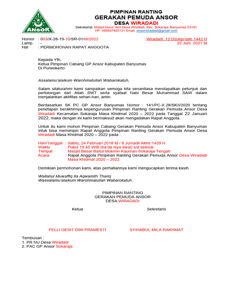 Contoh Surat Permohonan Rapat Anggota Ansor | PDF