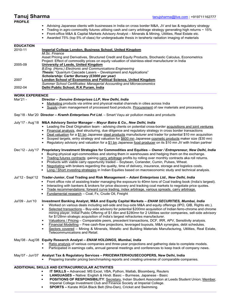 Tanuj Sharma CV 28 June 2024 | PDF | Mergers And Acquisitions | Arbitrage