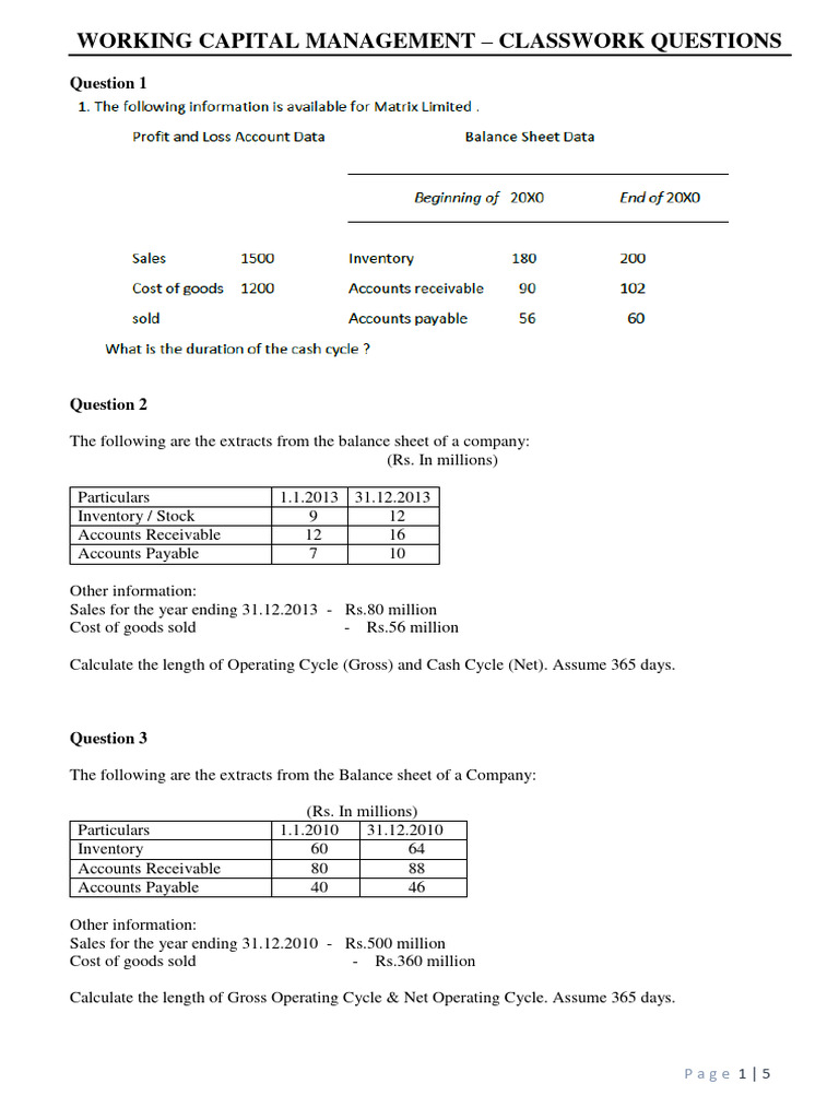 4.2 Classwork Questions - WCM | PDF | Cost Of Goods Sold | Working Capital