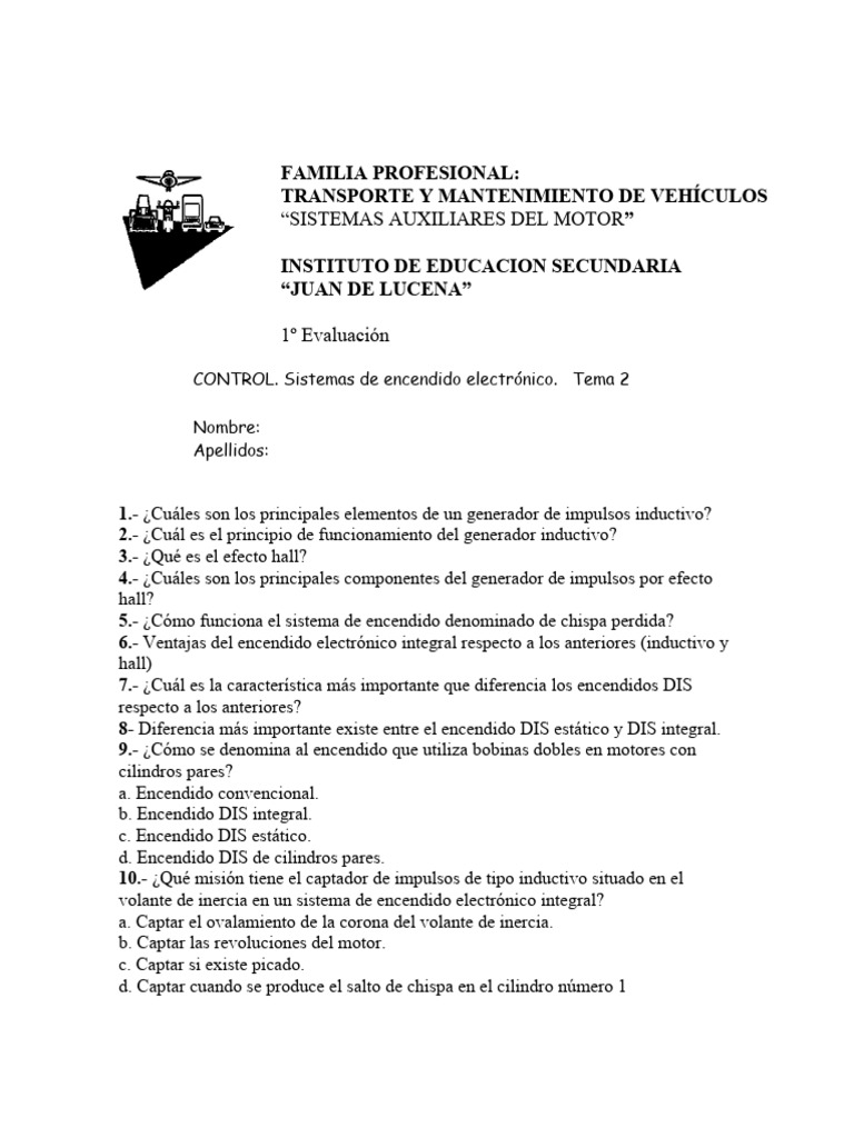 Control Tema 2 Encendido Electronicos | PDF | Corriente eléctrica | Distribuidor