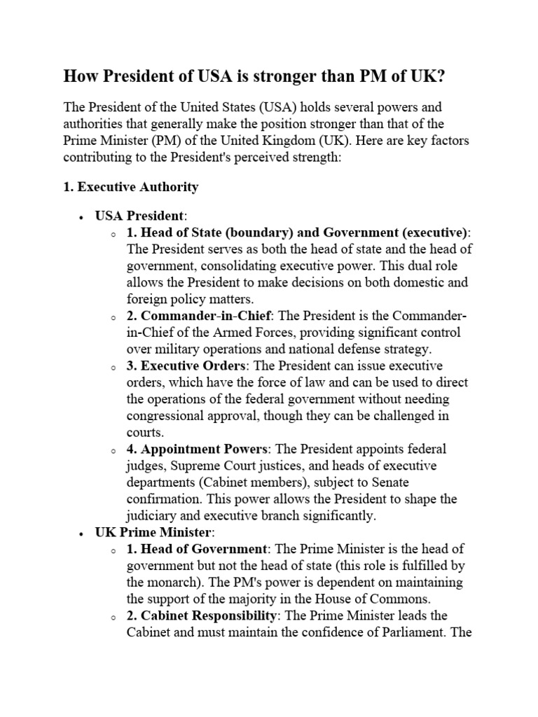 USA President vs UK PM: Power Comparison | PDF | Presidents Of The ...