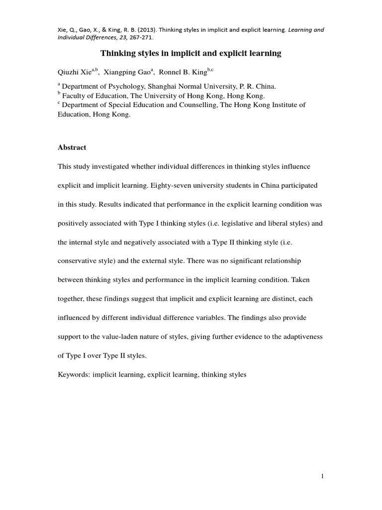 Thinking Styles in Implicit and Explicit | PDF | Extraversion And Introversion | Learning