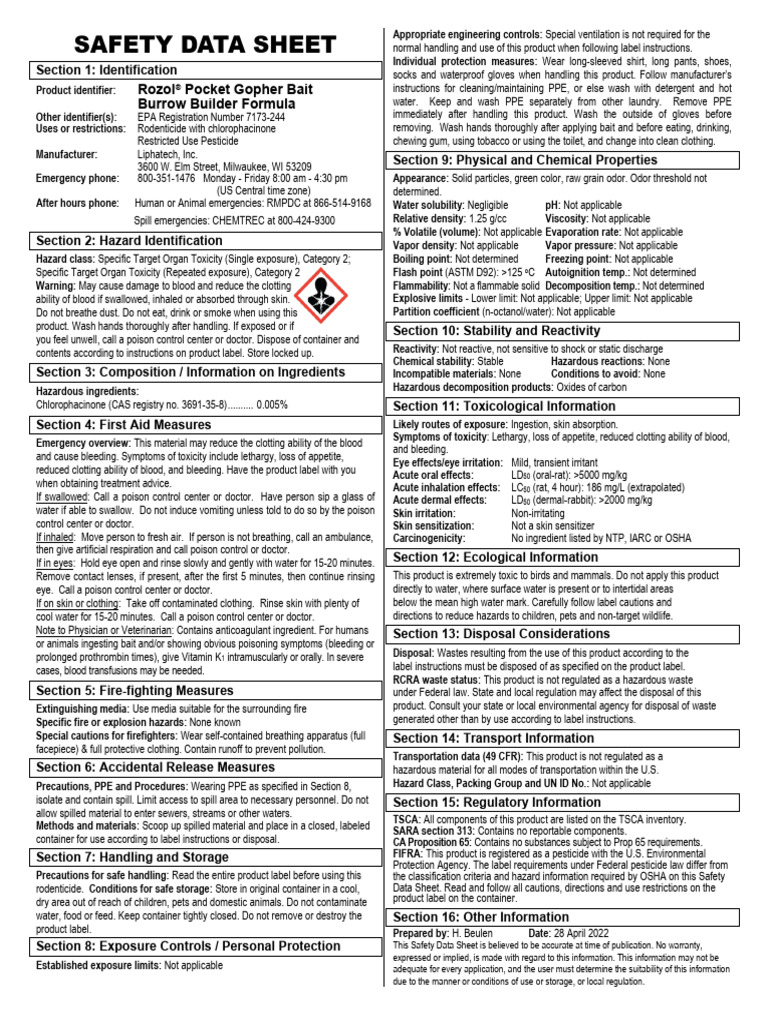 Rozol Pocket Gopher Bait Burrow BLDR Formula SDS 2022 ENGLISH | PDF | Dangerous Goods | Personal ...