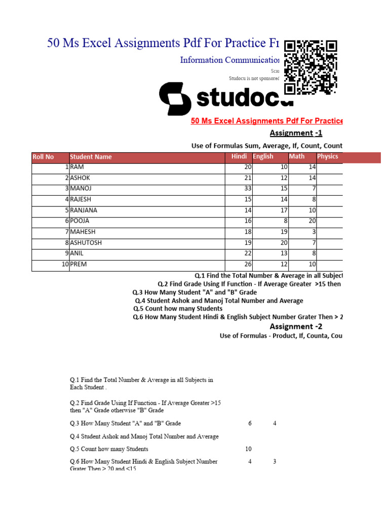50-ms-excel-assignments-pdf-for-practice-free-download | PDF | Mathematics | Computing