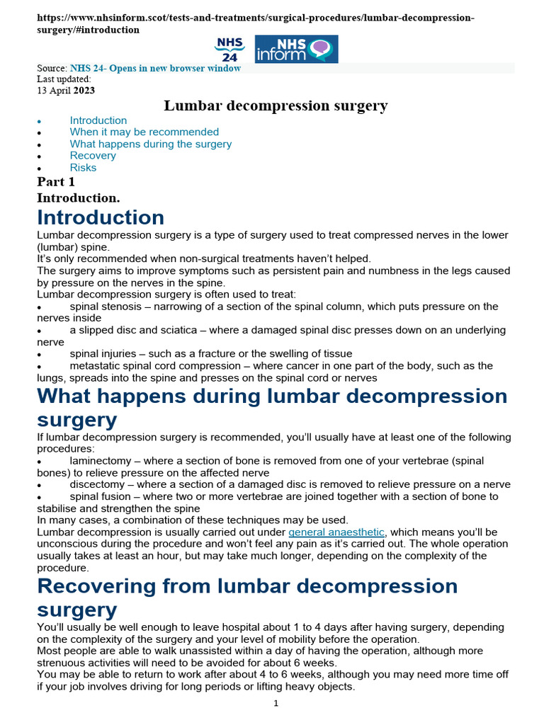 Lumbar Decompression Surgery - 2023 | PDF | Vertebral Column | Surgery