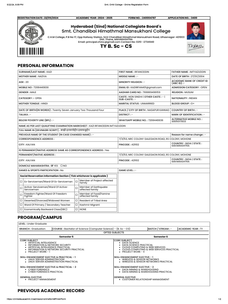 Smt. CHM College - Online Registration formIIK | PDF