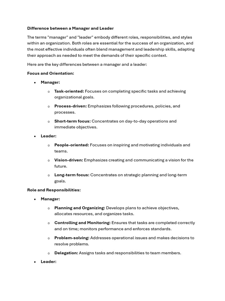 Difference Between Manager and Leader | PDF | Leadership | Psychology