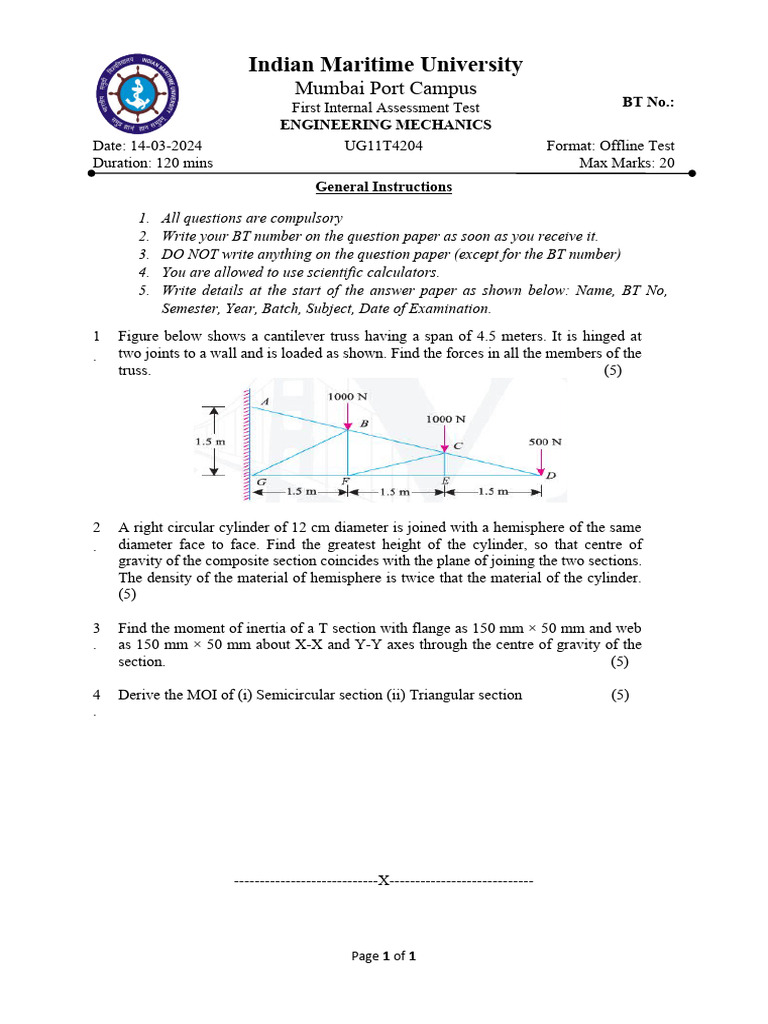 Engineering Mechanics Assessment Test | PDF