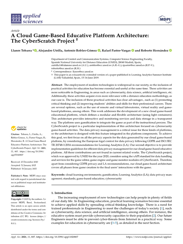 A Cloud Gamebased Educative Platform Architecture the Cyberscratch ProjectApplied Sciences ...