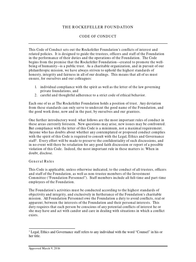 Rockefeller-Foundation-Code-of-Conduct | PDF | Conflict Of Interest | Board Of Directors