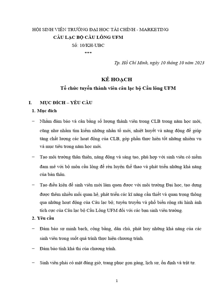 CLB Cau Long Ufm Ke Hoach Tuyen Thanh Vien Nhiem Ky II. | PDF