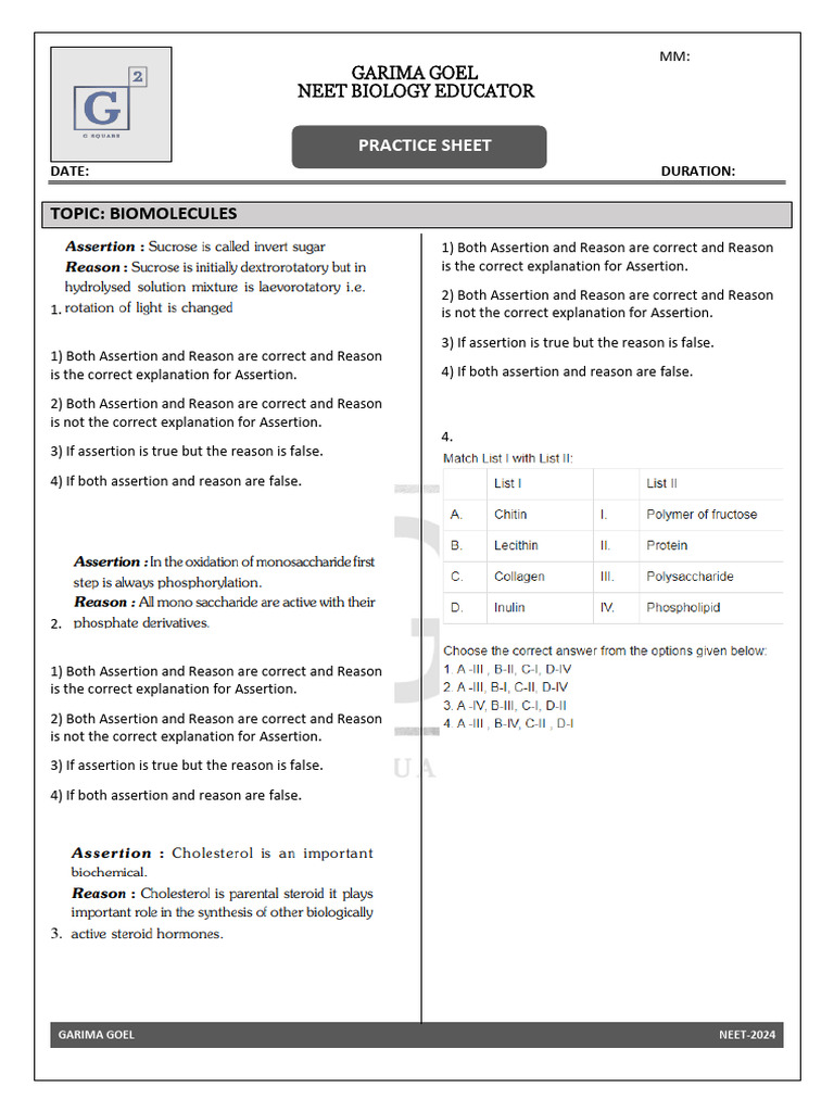 BIOLOGY DPP - 32 Biomolecules by Garima Mam | PDF | Logic | Reasoning