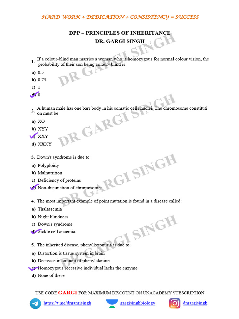 Principles of Inheritance - DPP | PDF | Dominance (Genetics) | Genotype Principles of Inheritance - DPP | PDF | Dominance (Genetics) | Genotype