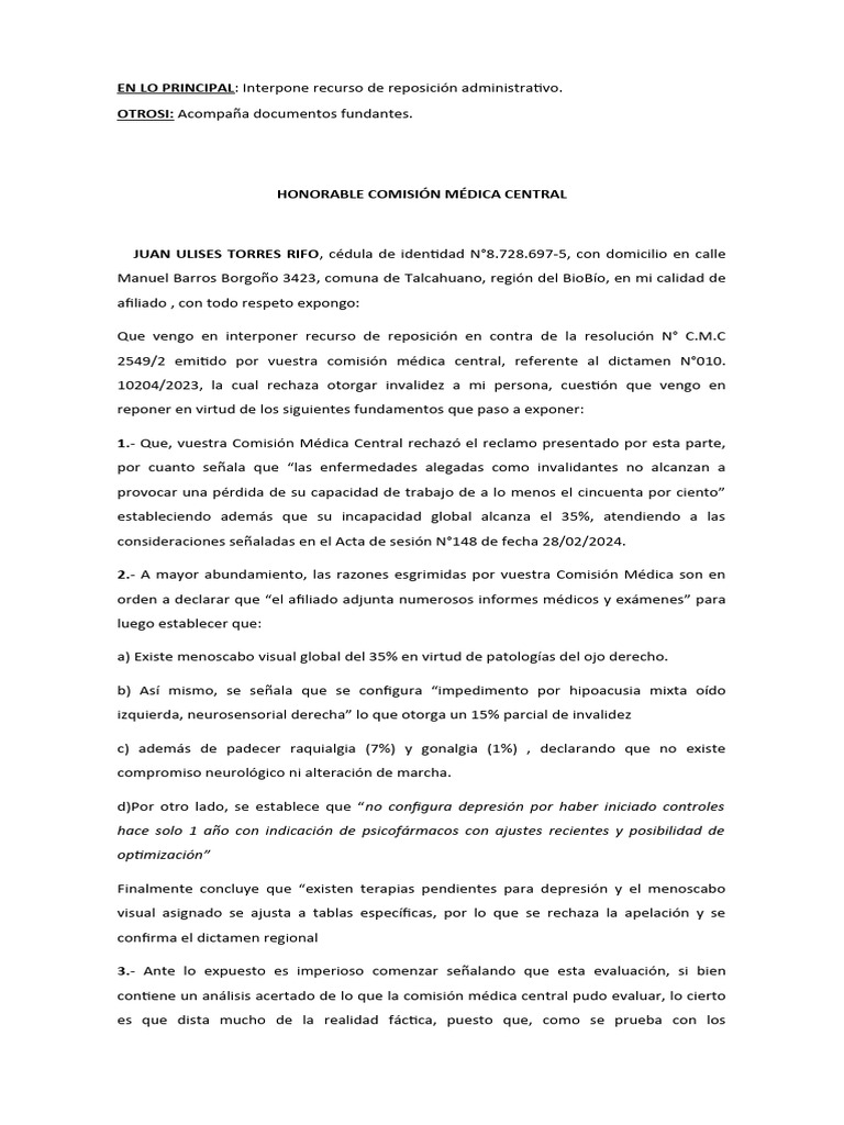 Recurso Reposición Juan Ulises Torres Rifo | PDF | Depresión (estado de ánimo) | Enfermedades y ...