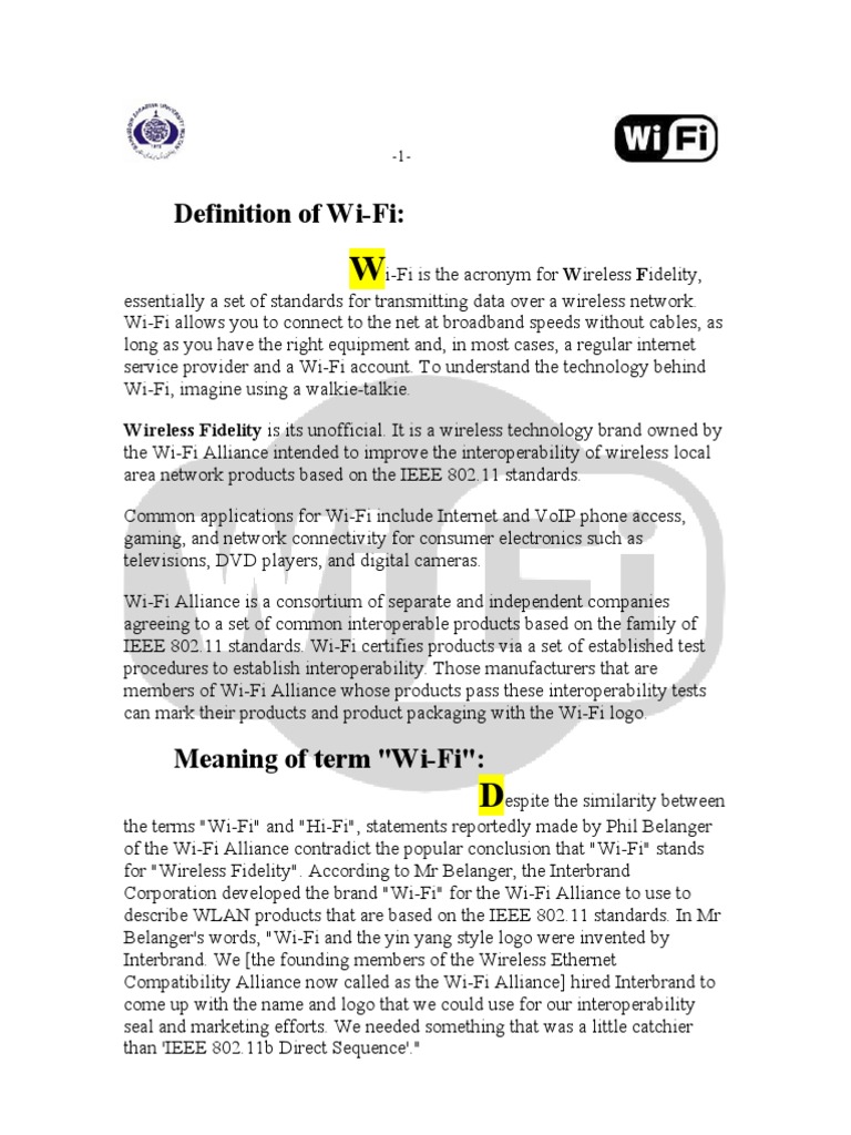 Definition of Wi-Fi:: Wireless Fidelity Is Its Unofficial. It Is A ...