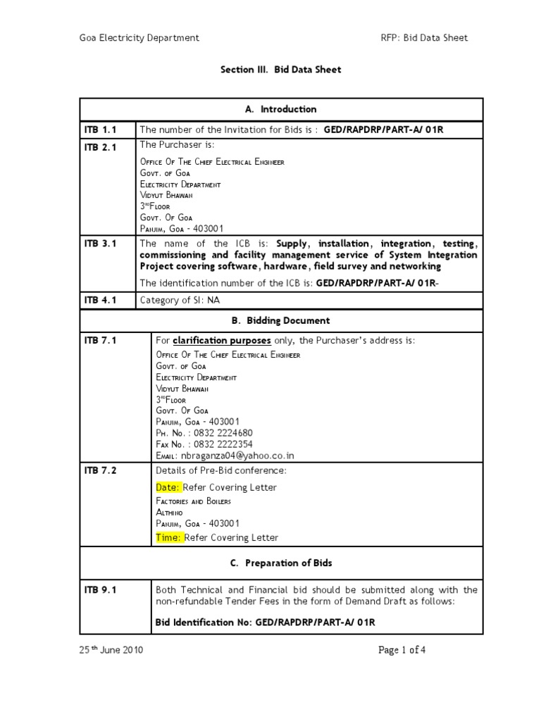 03 Section Iii Bid Data Sheet Request For Proposal Percentage
