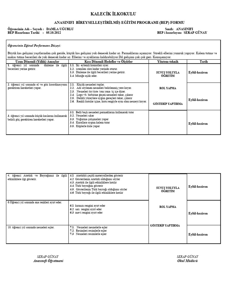 Kalecik İlkokulu: Anasinifi Bireyselleştirilmiş Eğitim Programi (Bep) Formu | PDF