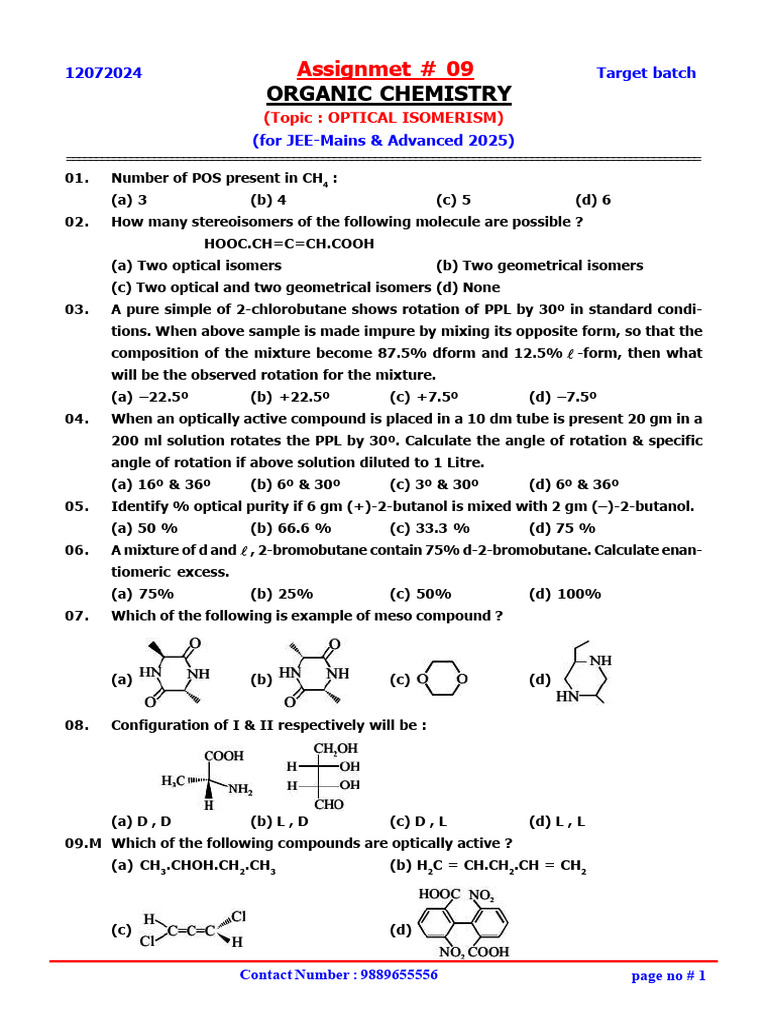 Assignment 09 On Isomerism (Optical) - 240712 - 103038 | PDF | Isomer | Chirality (Chemistry)